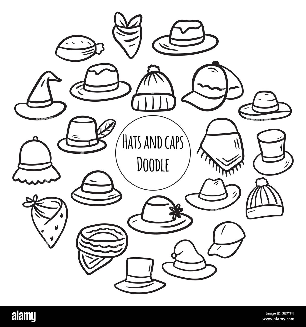 Cute Hats and caps doodle illustration. Thin line art about clothes ...