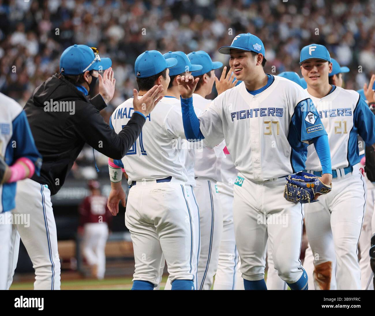 Nippon-Ham Fighters Taiwanese pitcher GU LIN RUEI-YANG reacts after a ...