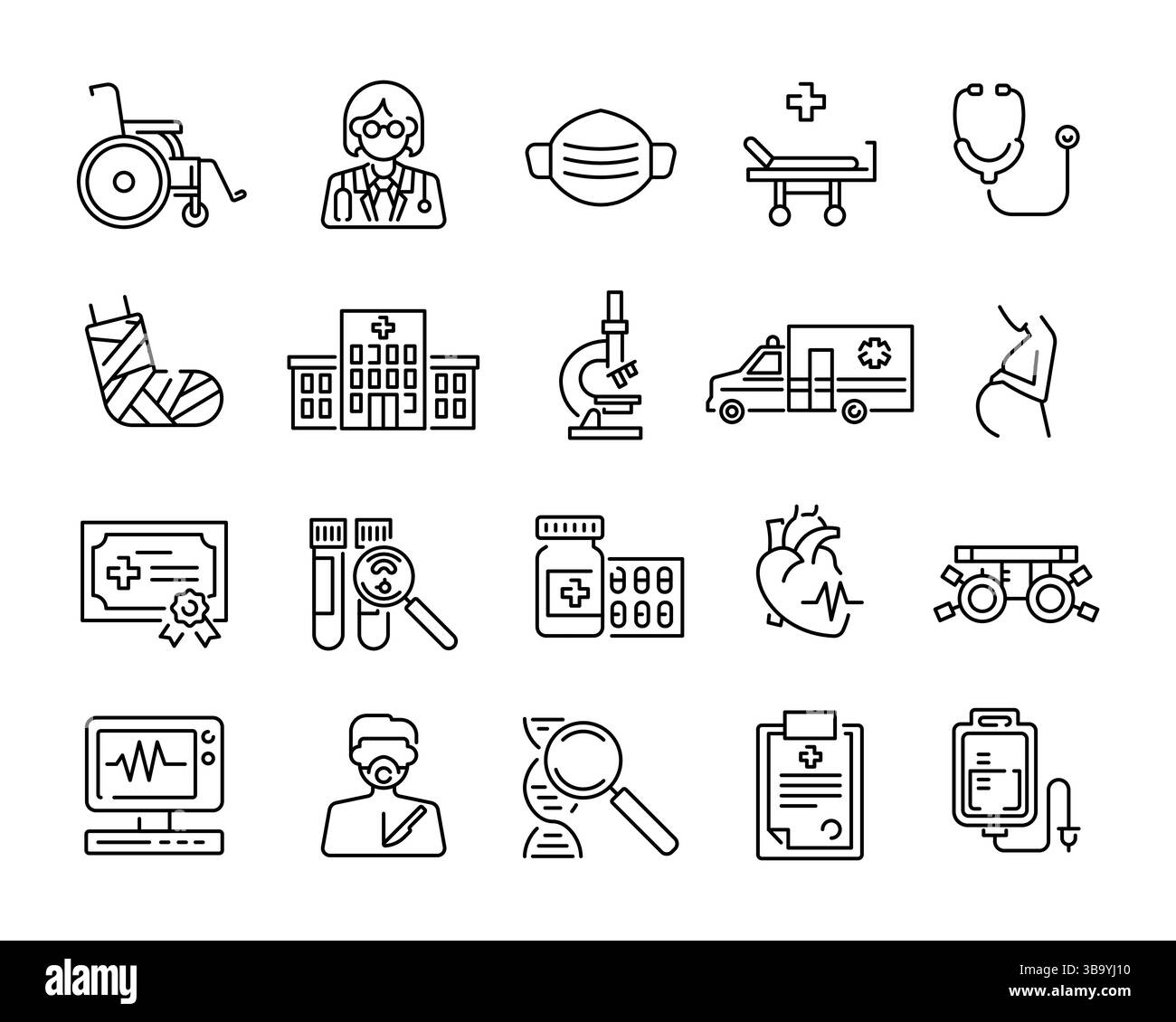 Medical icons. Set of 20 medical trendy minimal icons. Wheelchair ...
