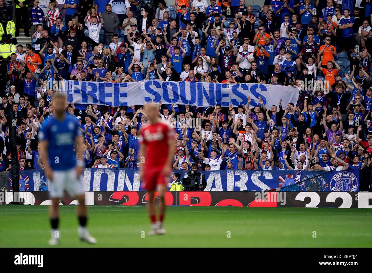 Rangers fans hold up a 'Free Souness' banner in the stands during the ...