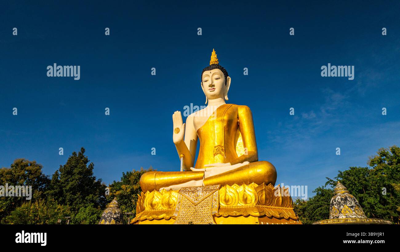 A majestic golden Buddha statue surrounded by lush green trees, set ...