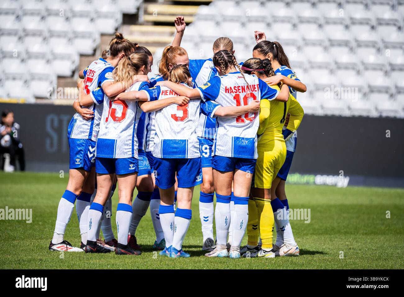 Odense, Denmark. 10th May, 2025. The players of OB Q unite in a huddle ...