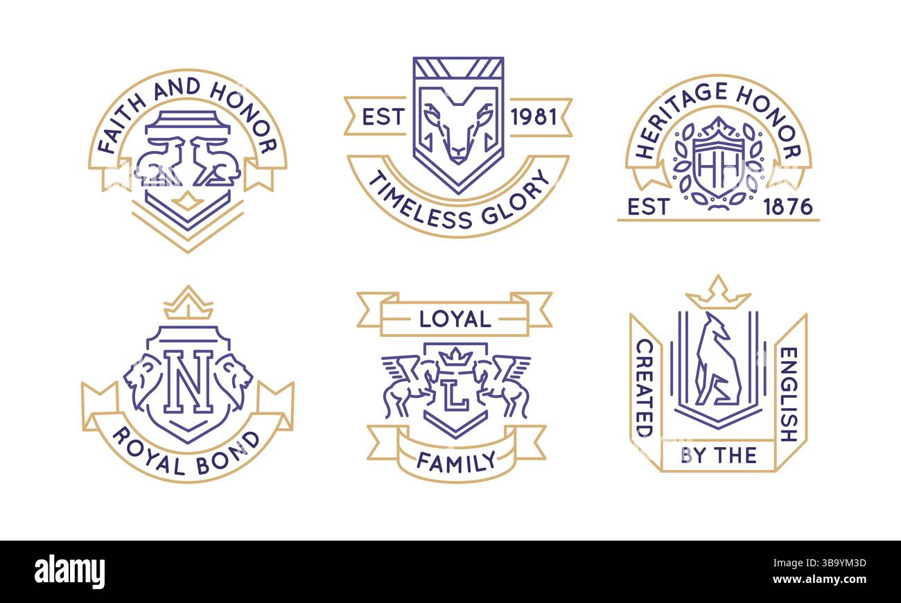 Heraldic emblems set. Faith and Honor, Timeless Glory, Heritage Honor ...