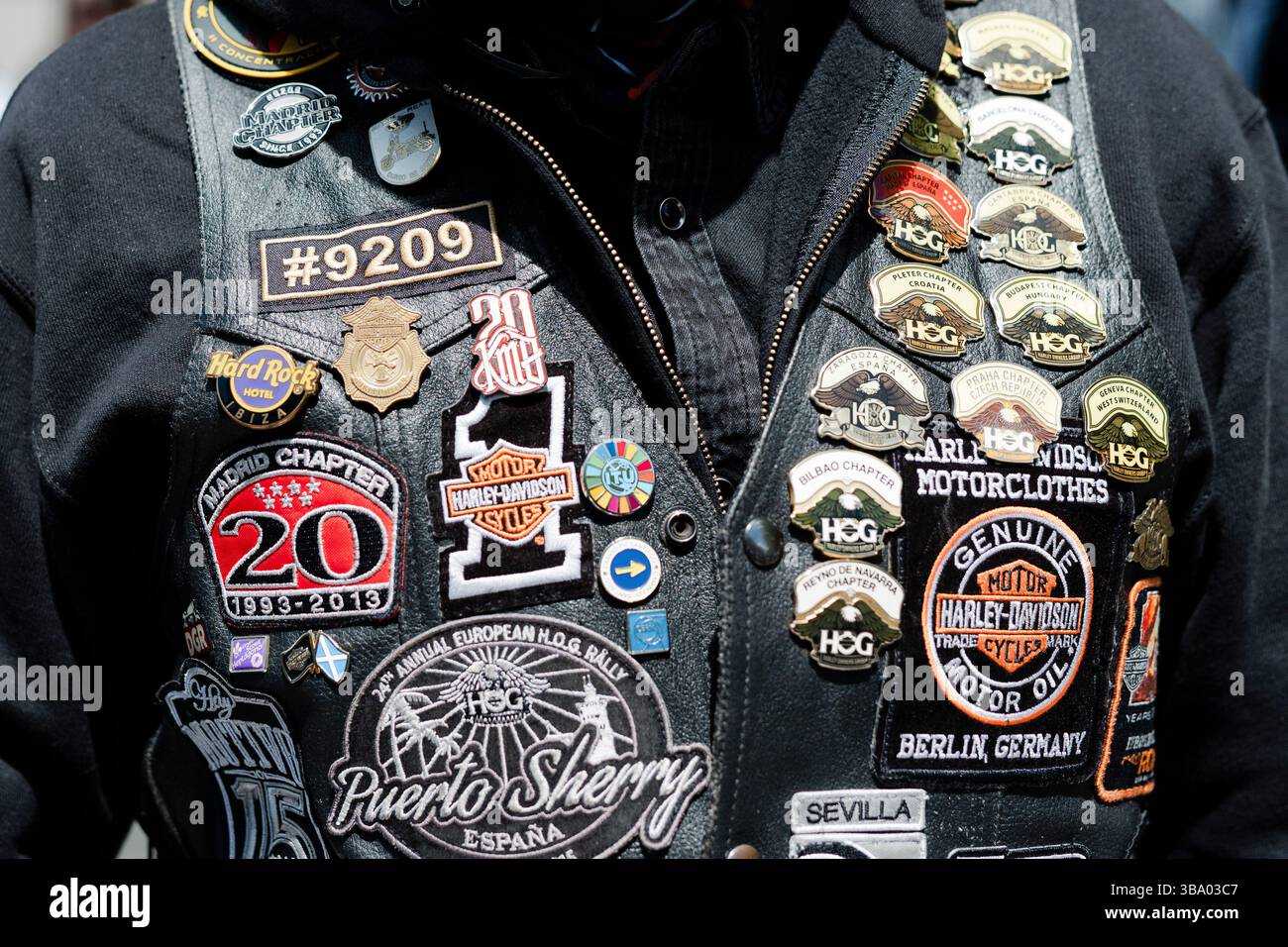A biker's vest during the 21st edition of the Harley-Davidson KM0 parade, May 11, 2025, in ...
