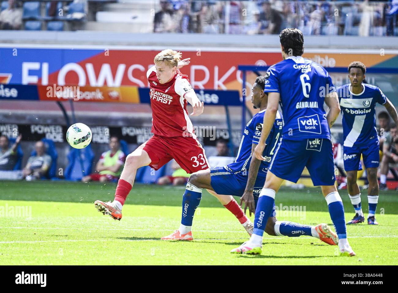 Gent, Belgium. 11th May, 2025. Antwerp's Zeno Van Den Bosch and Gent's ...