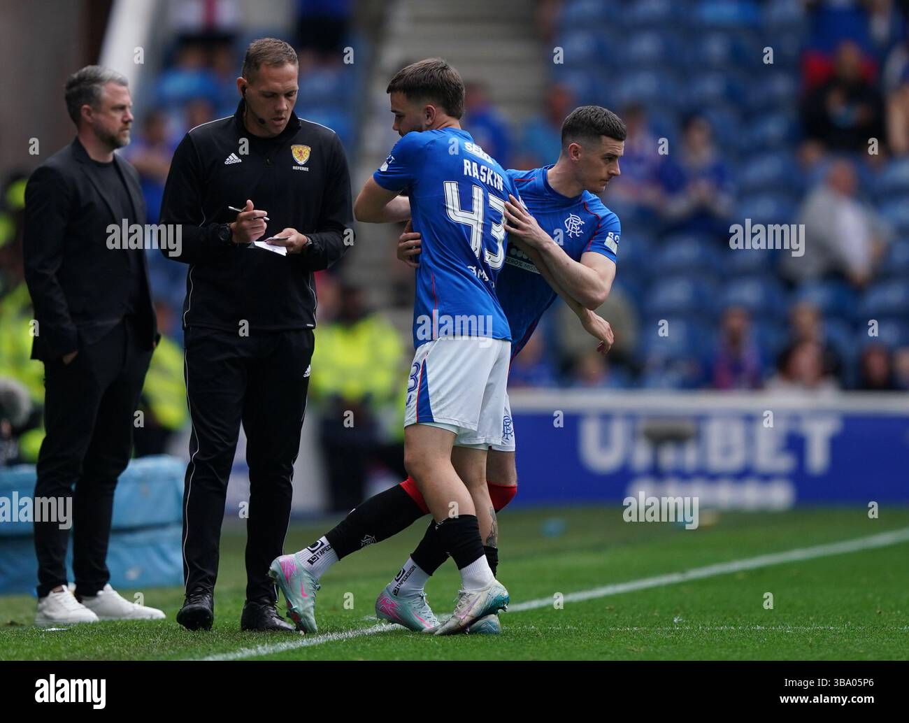 Rangers' Nicolas Raskin is replaced by team-mate Tom Lawrence during ...
