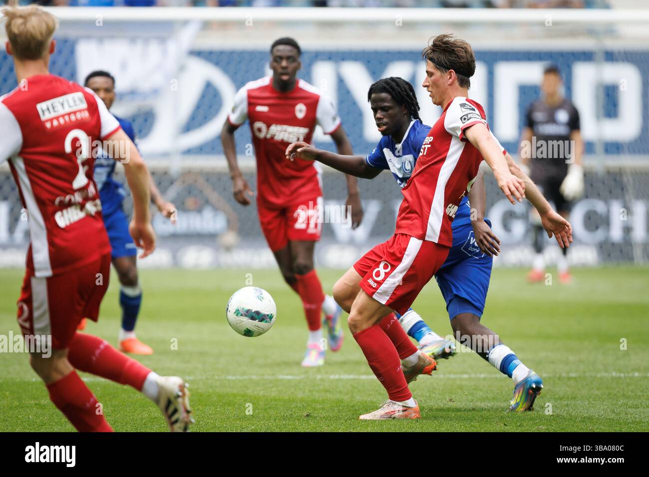 Gent, Belgium. 11th May, 2025. Gent's Leonardo Da Silva Lopes and Antwerp's Dennis Praet fight ...