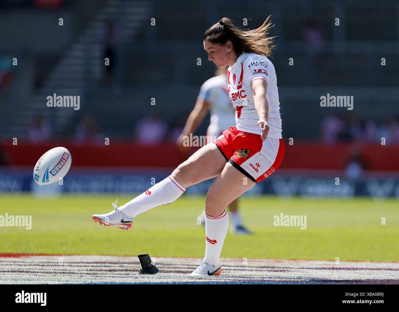 Saint Helens' Faye Gaskin kicks opening penalty during Betfred Women's ...