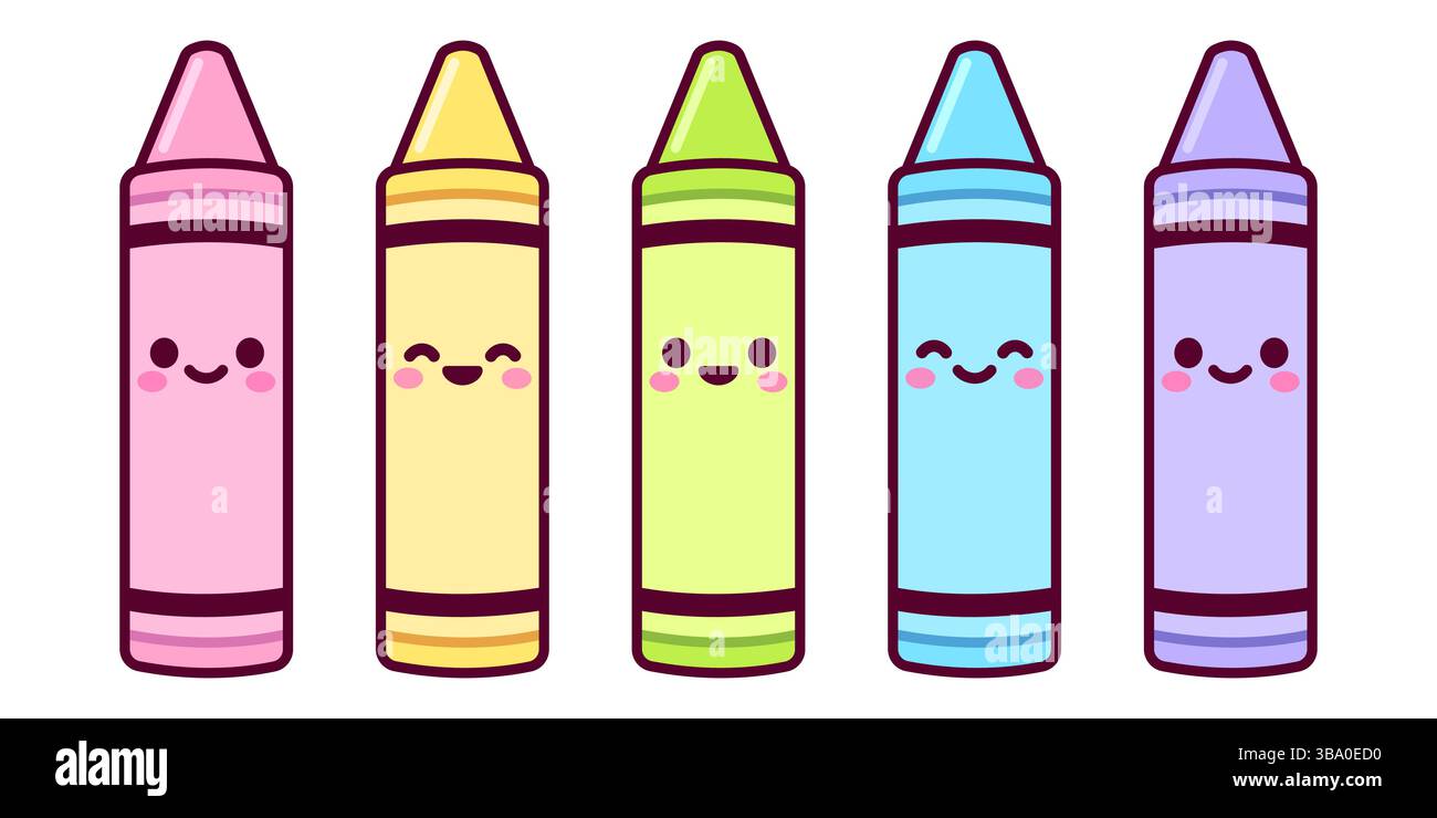 Cute cartoon crayons set. Colorful crayons with kawaii faces. Vector ...