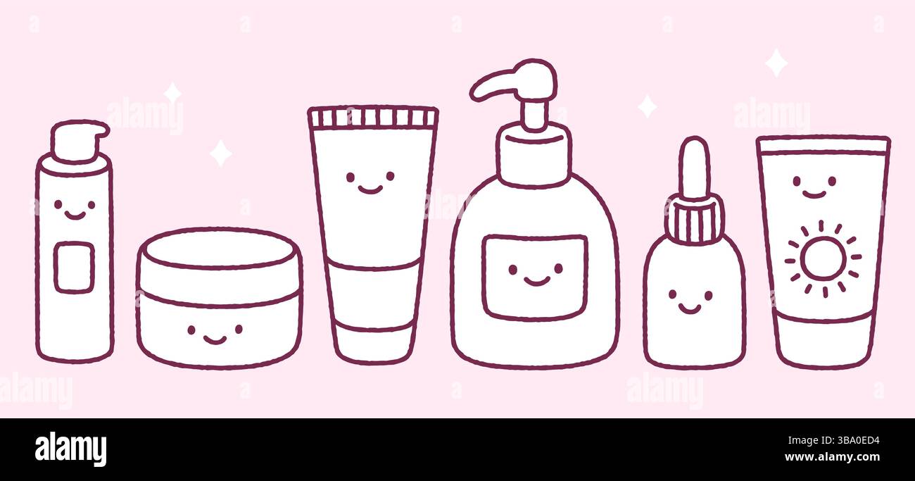 Cute cartoon skincare doodle set. Tubs and bottles with funny kawaii ...