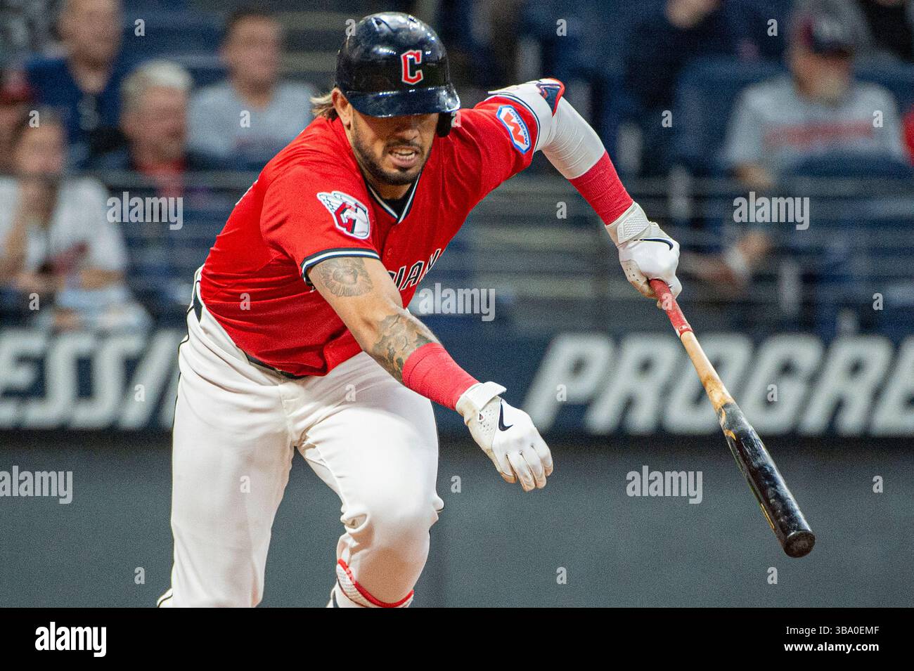 Cleveland Guardians' Gabriel Arias runs to first base during the eighth ...