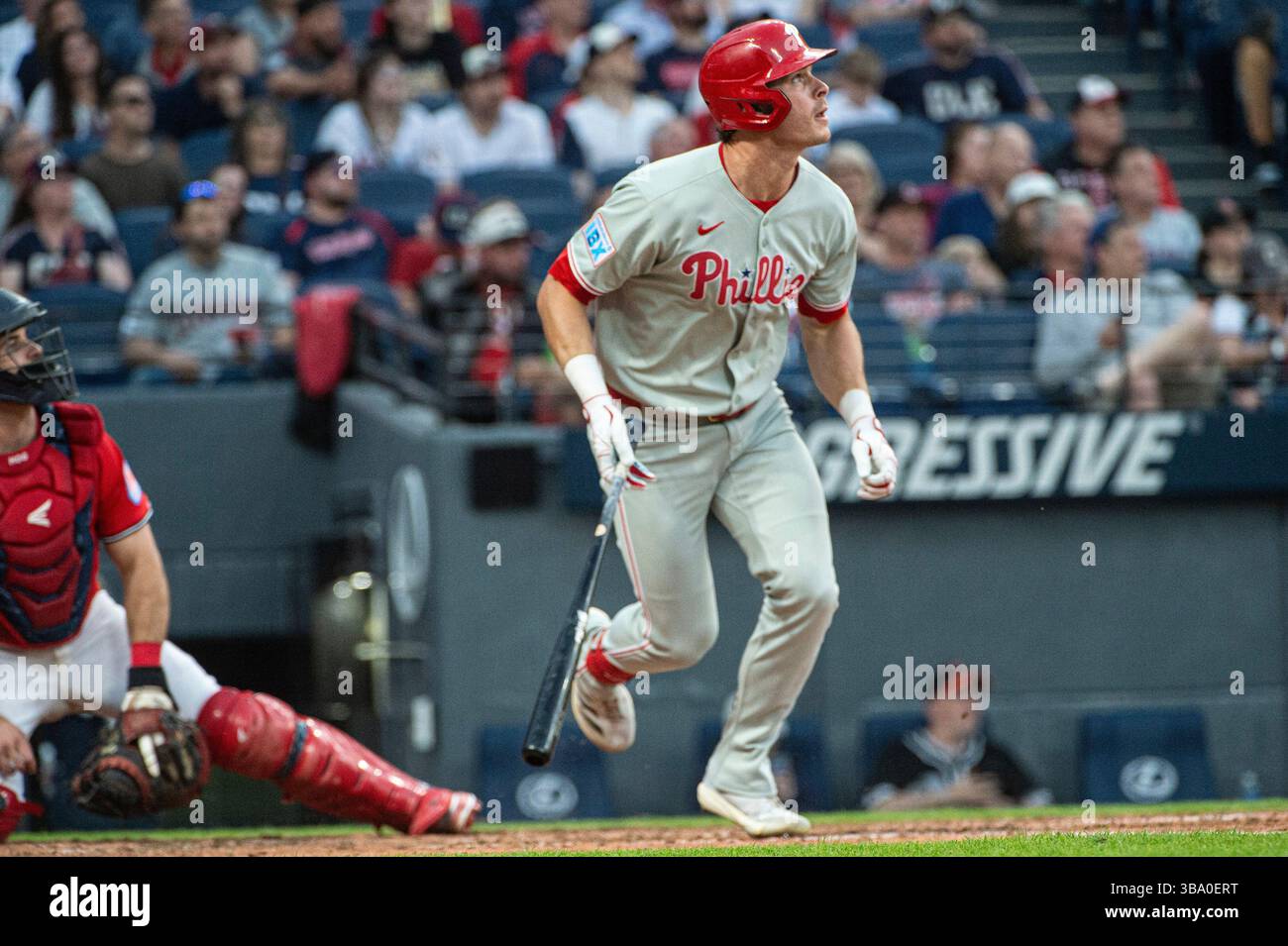 Philadelphia Phillies' Max Kepler watches his two-run double off ...