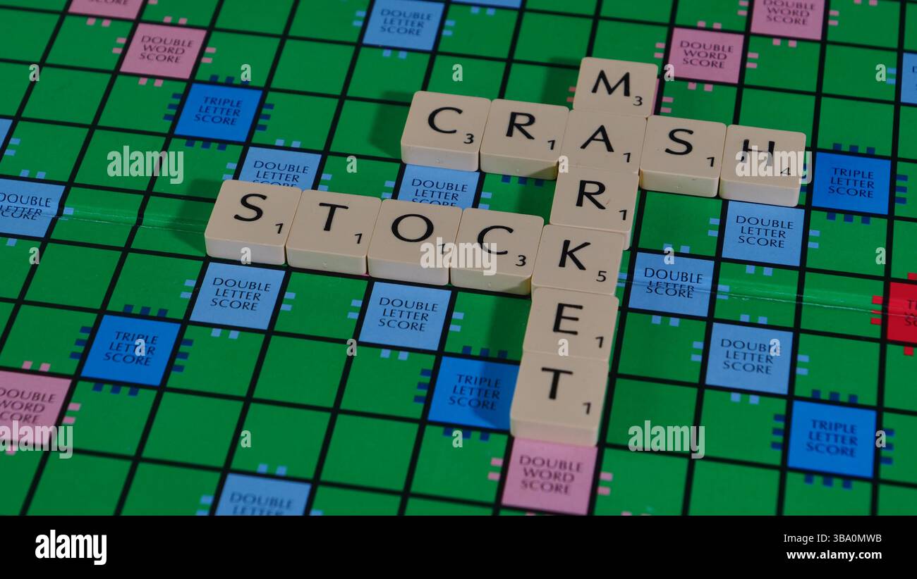 The concept of a stock market crash illustrated by words on a scrabble ...