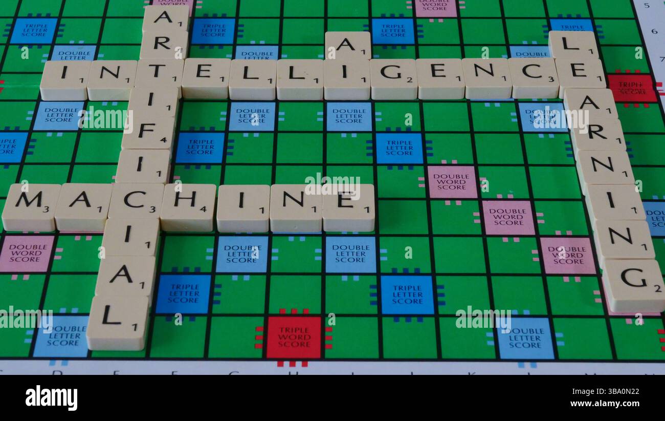 The concept of AI is illustrated on a Scrabble board with the words ...
