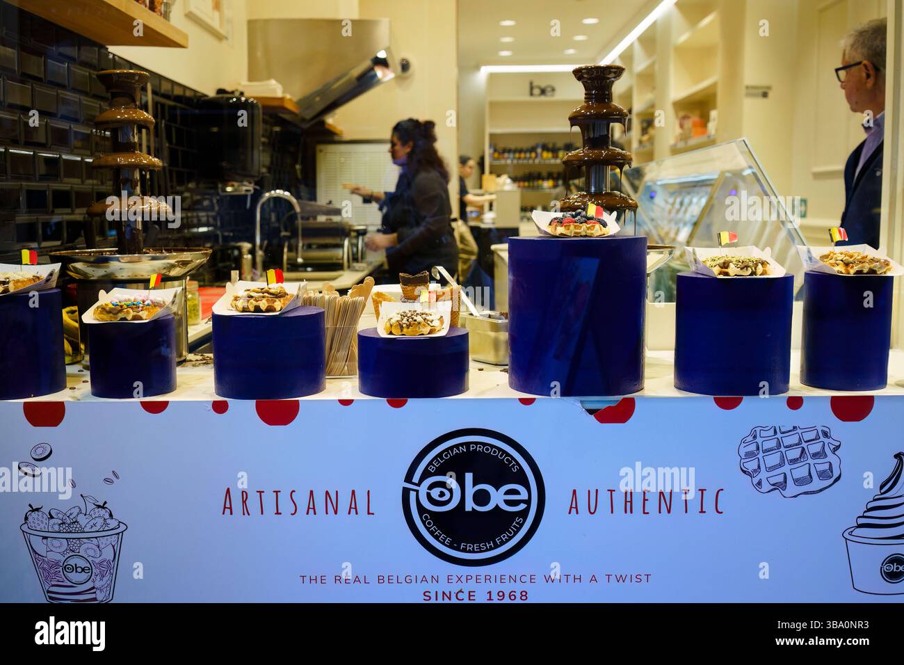 Brussels, Belgium. March 20, 2025 - Obe Belgian waffle shop window ...