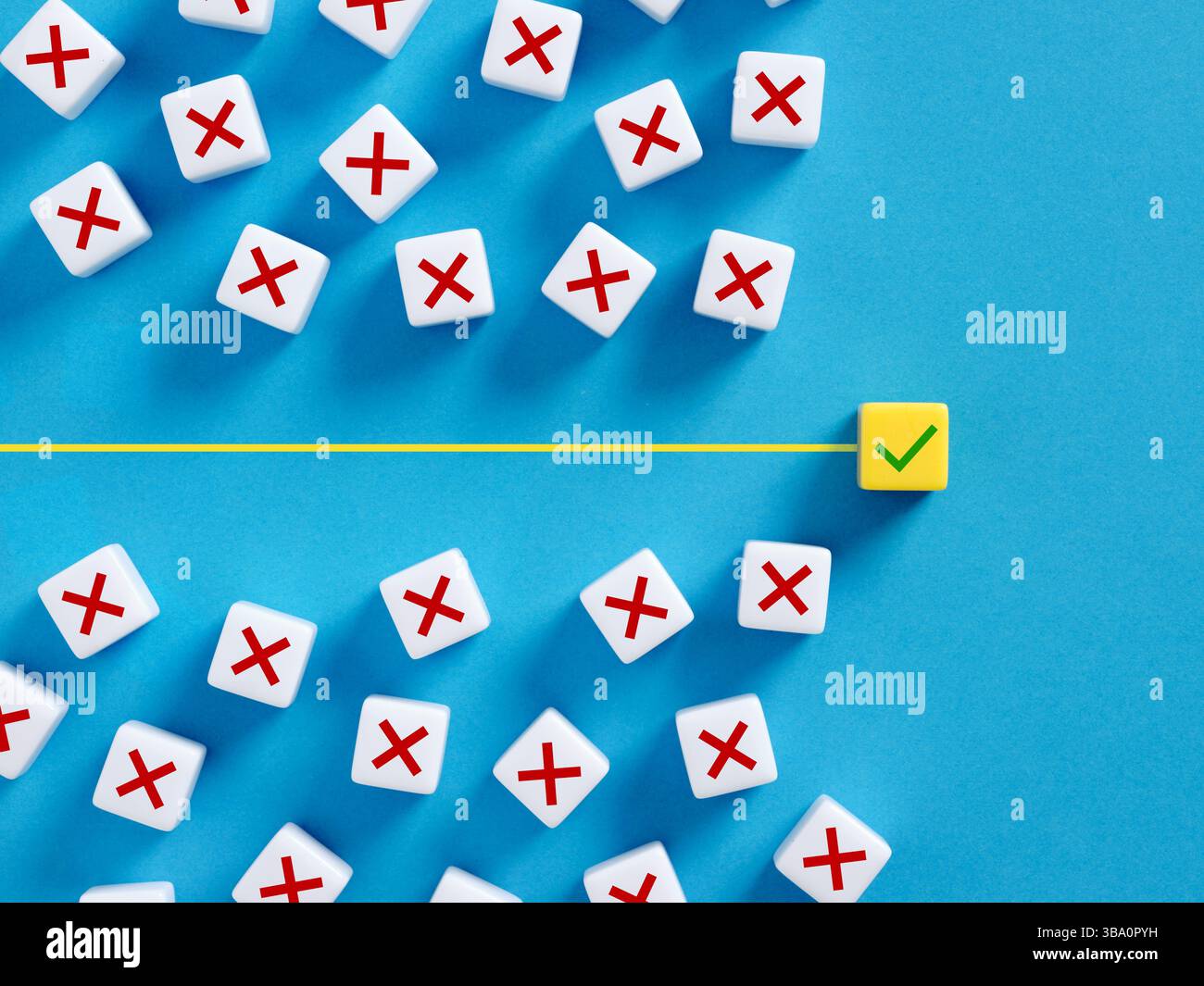 Many white cubes showing red cross mark with only one showing green ...