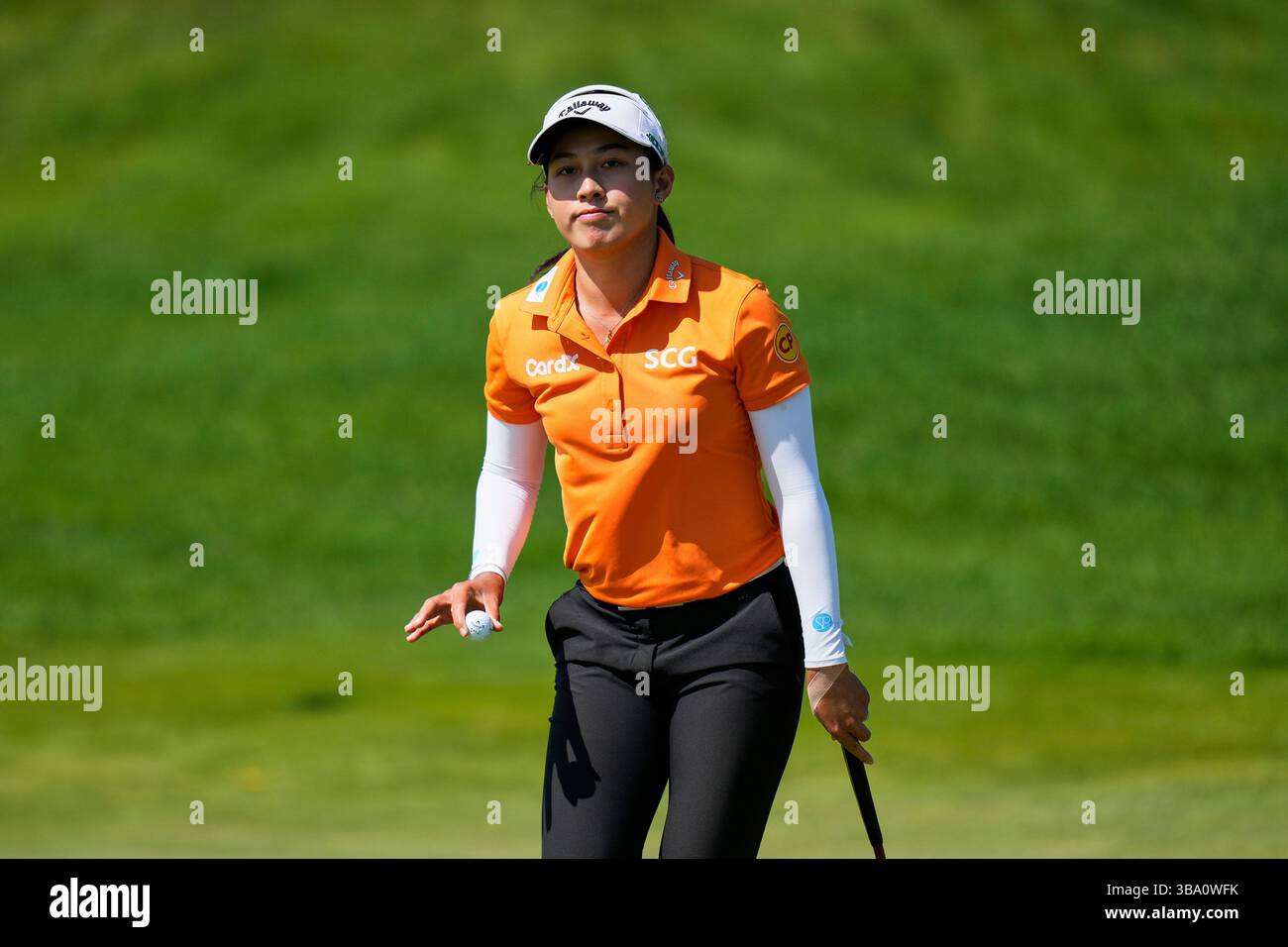 Jeeno Thitikul, of Thailand, walks on the 3rd hole during the final round of the Mizuho Americas ...