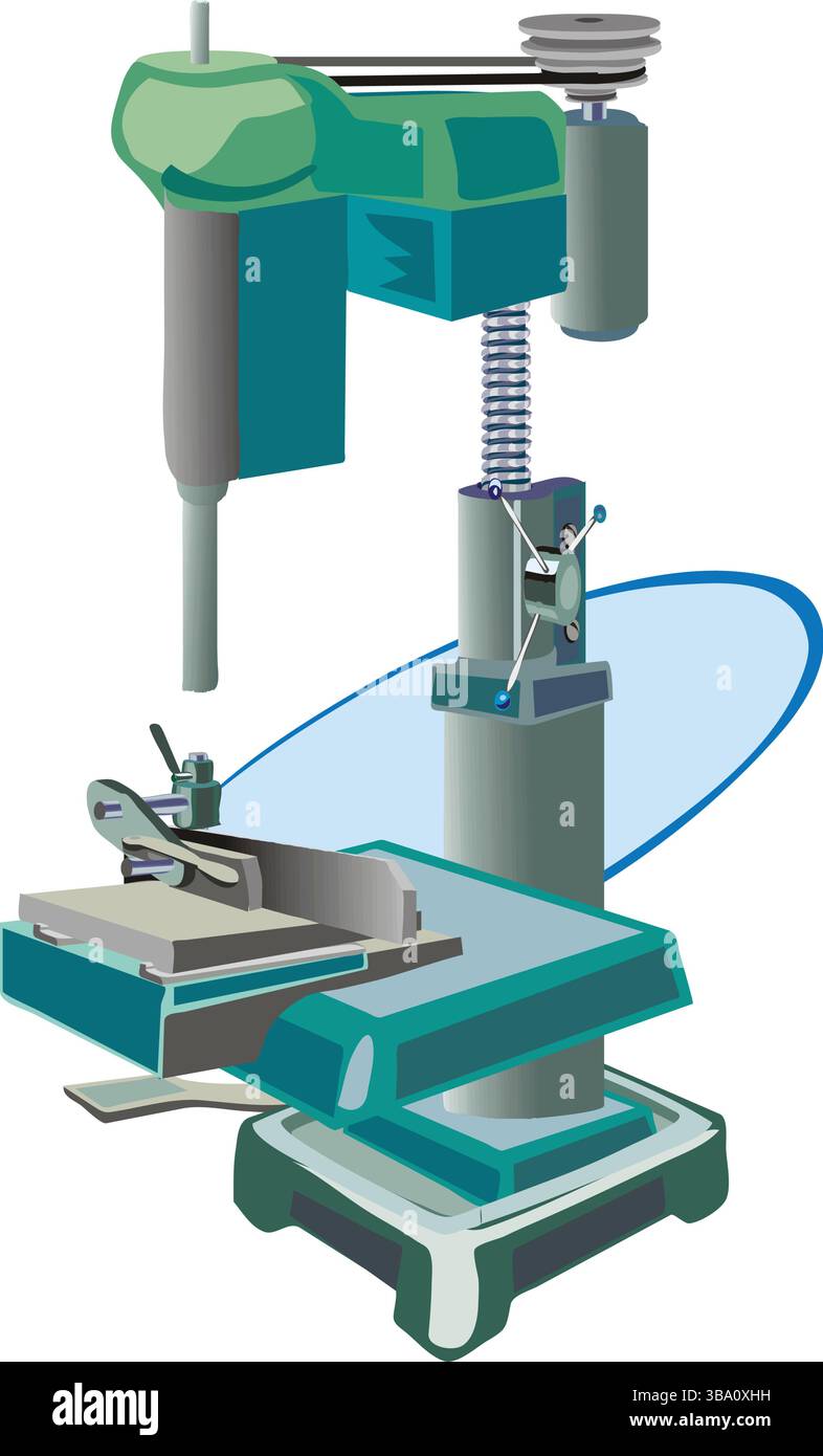 A colorful illustration of a teal and green drill press with a silver ...