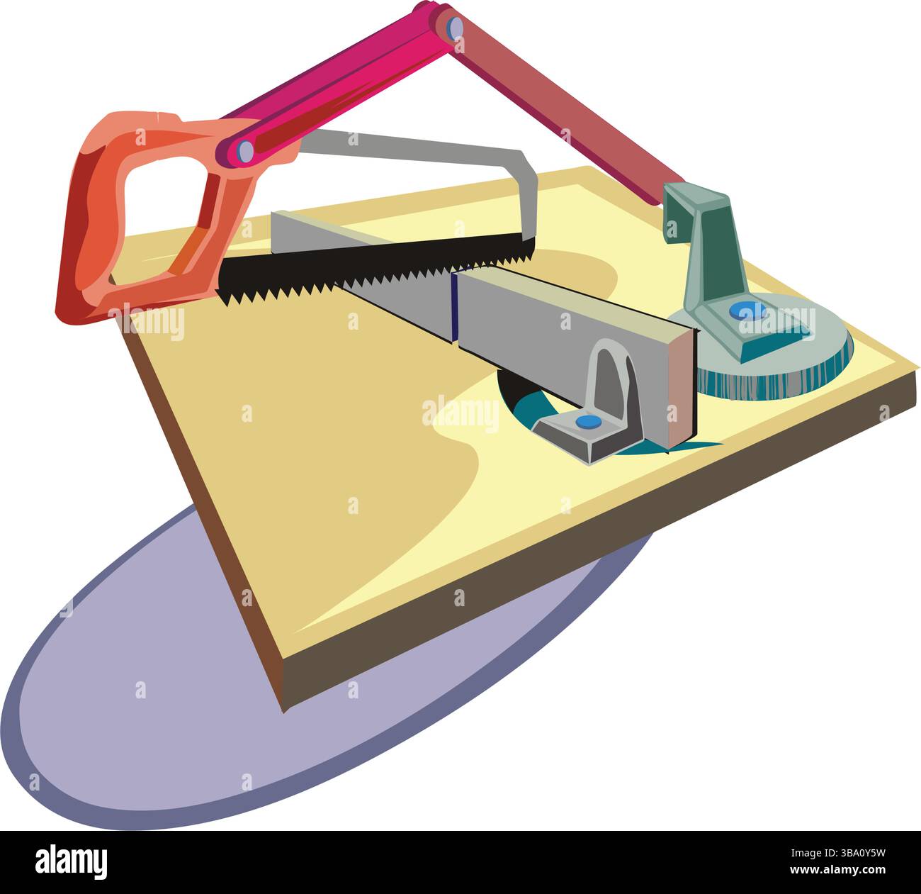 An abstract vector illustration shows a Miter Saw Machine for carpentry ...