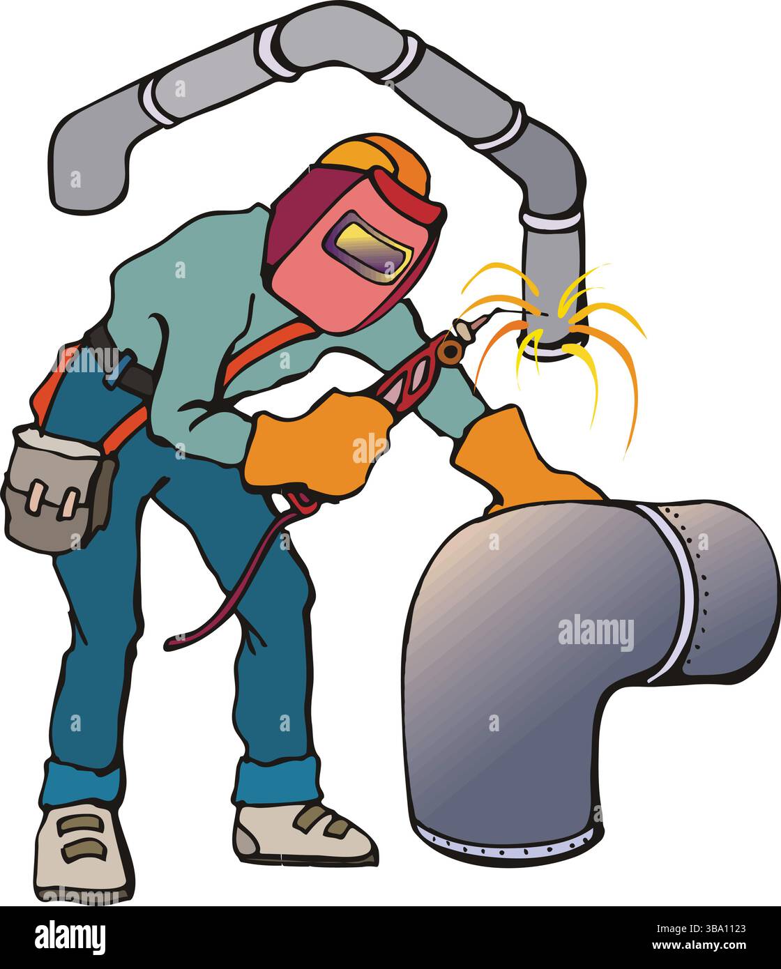 An abstract vector illustration shows a Welder Working on Pipes in ...