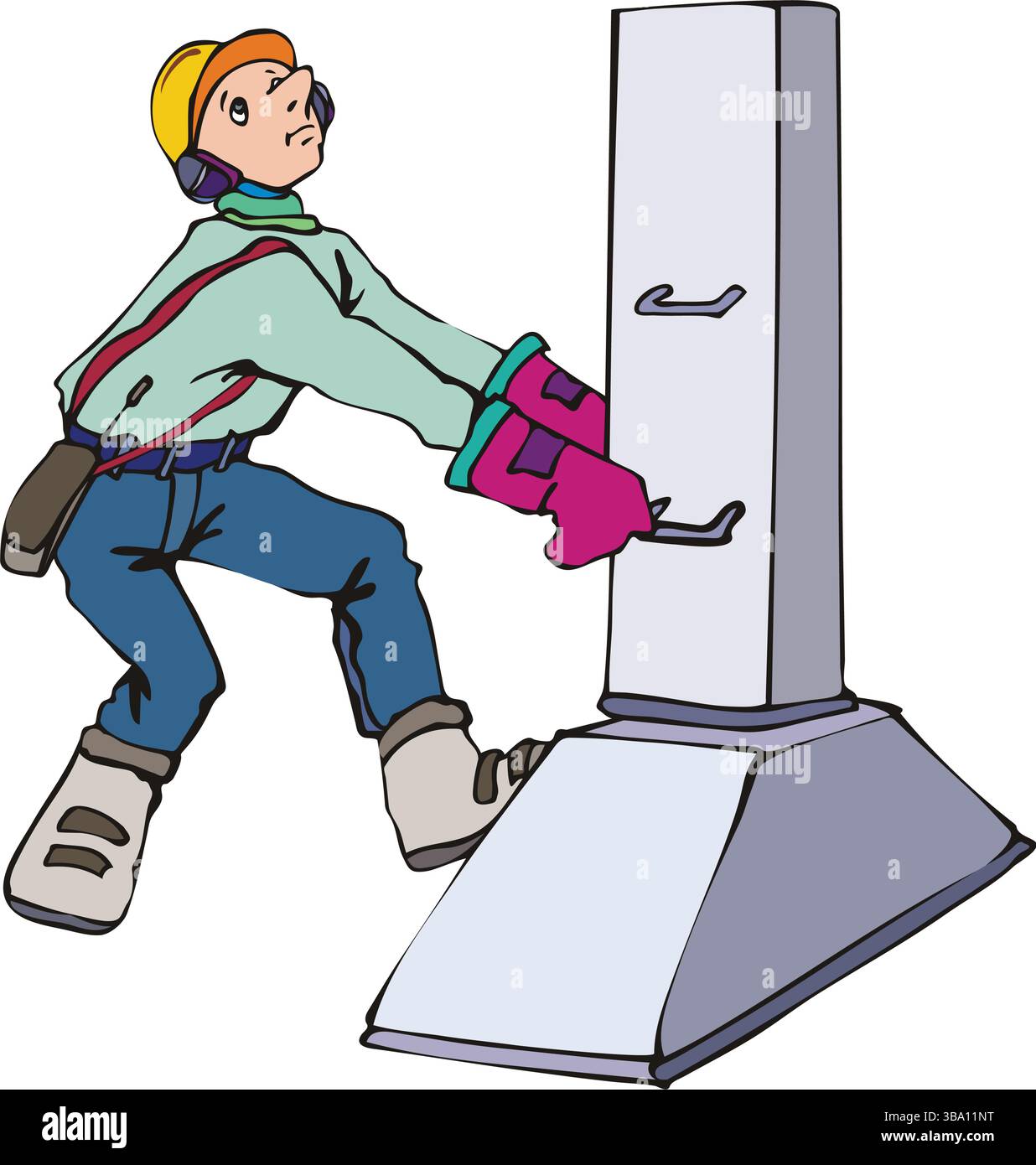 An abstract vector illustration shows a worker taking off cooker hood ...