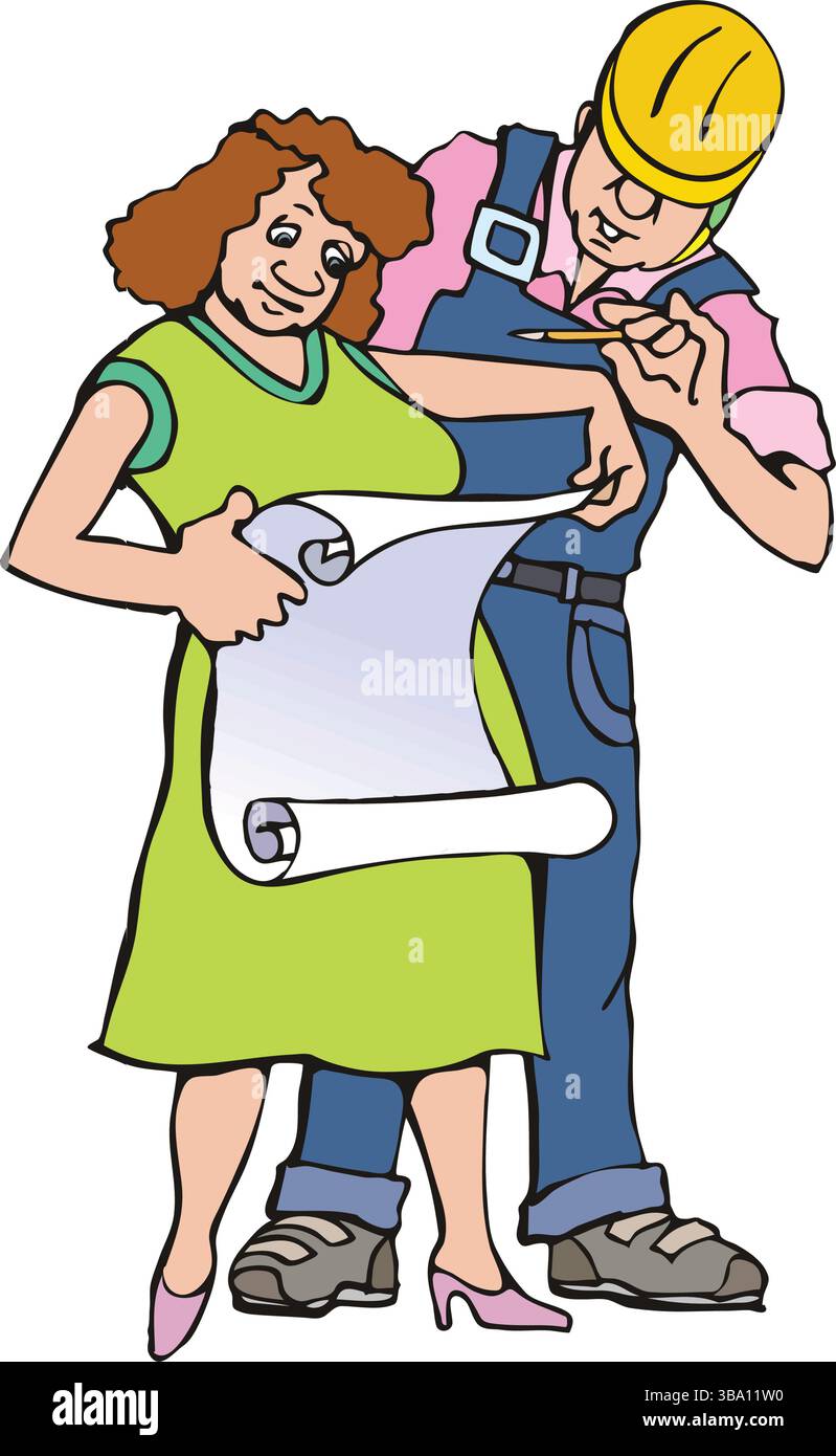 An abstract vector illustration shows a Construction Worker Reviewing ...