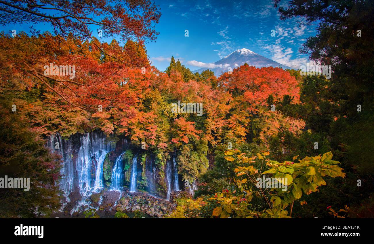 Shiraito Falls with Mt. Fuji and colorful autumn leaf in Fujinomiya ...
