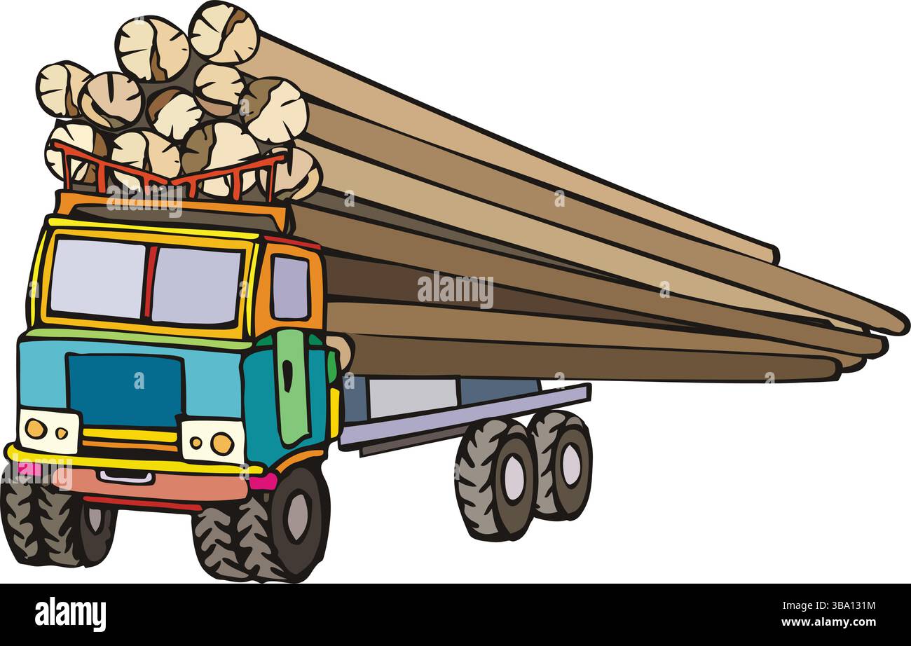 A colorful illustration of a blue, yellow, and green truck with a red ...