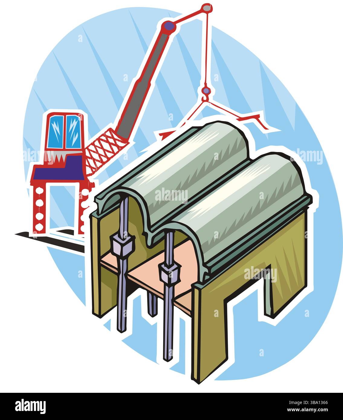 A colorful illustration of a red crane lifting a gray tunnel segment ...