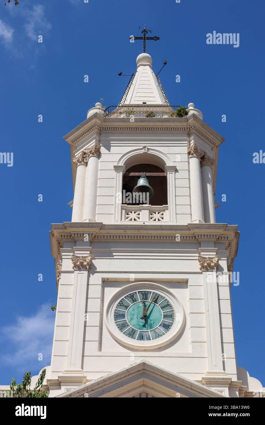 Detail of the tower with the bell tower and clock of Our Lady of Mercy ...