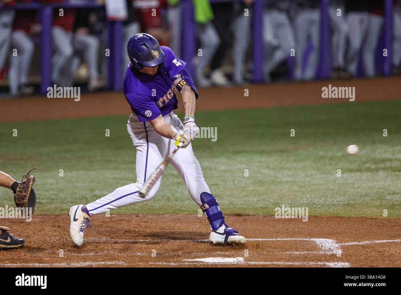 May 09, 2025: LSU's Ethan Frey (16) tries for a base hit during NCAA ...
