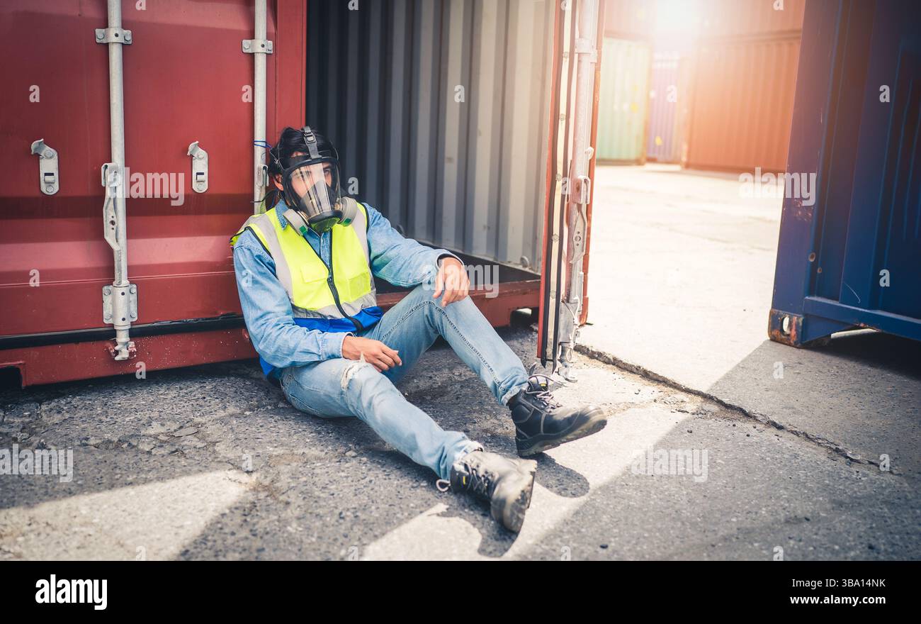 Engineer wear PPE urgently assisted the male technique inside container ...