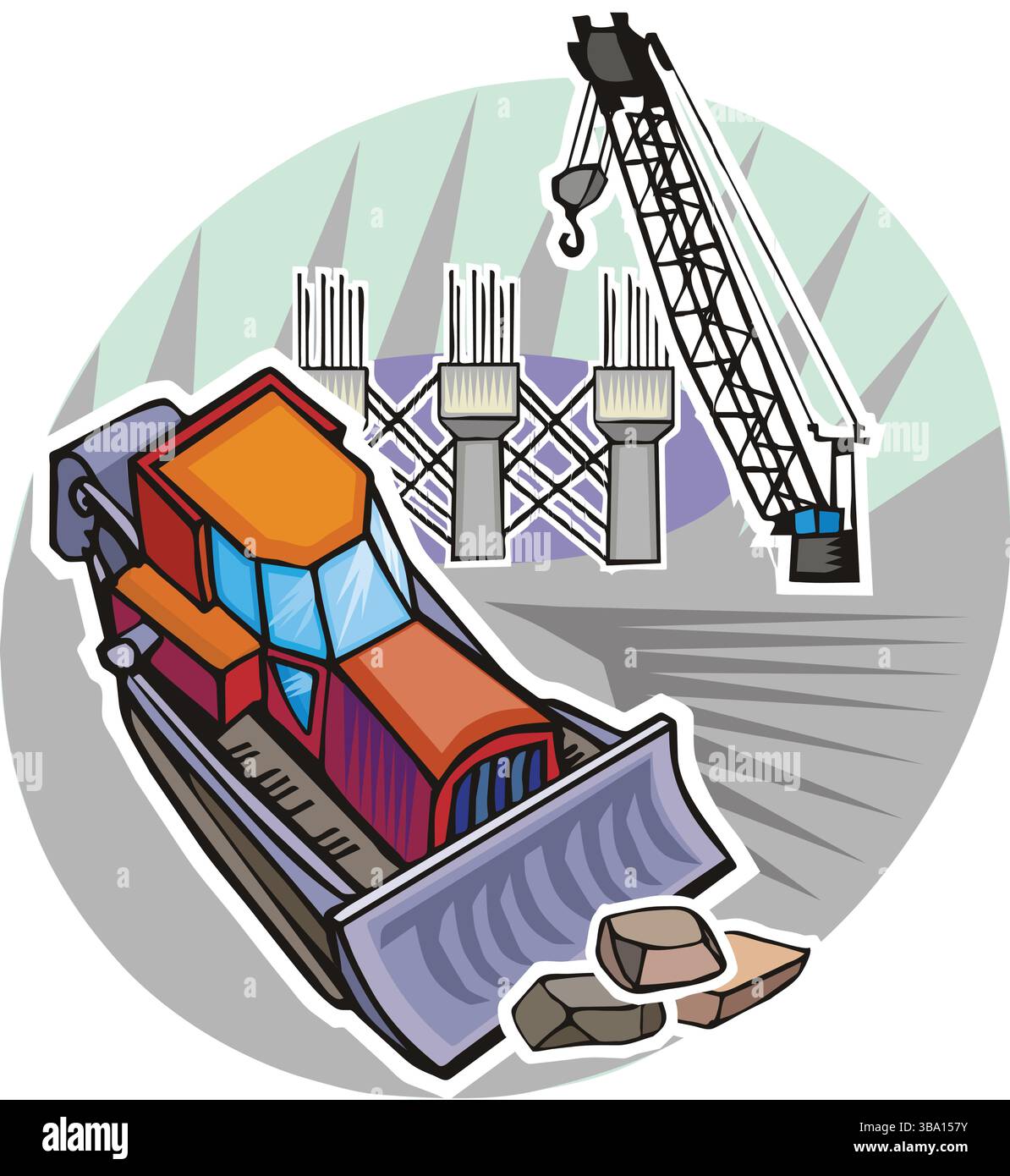 A colorful illustration of a bulldozer with a blue cab, moving rocks in ...