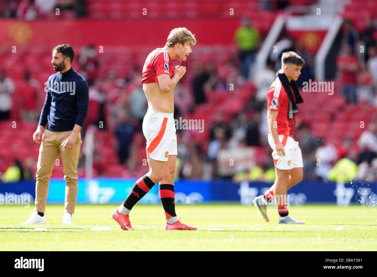 Manchester United's Rasmus Hojlund (centre) reacts after the Premier League match at Old ...