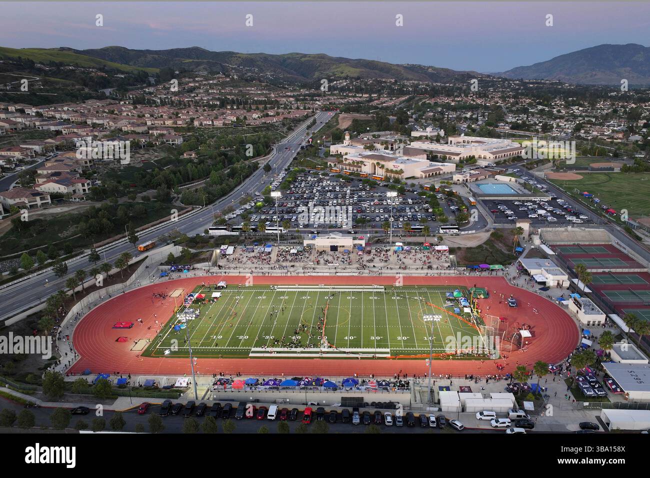 A general overall aerial view of the track and football field at Nathan ...