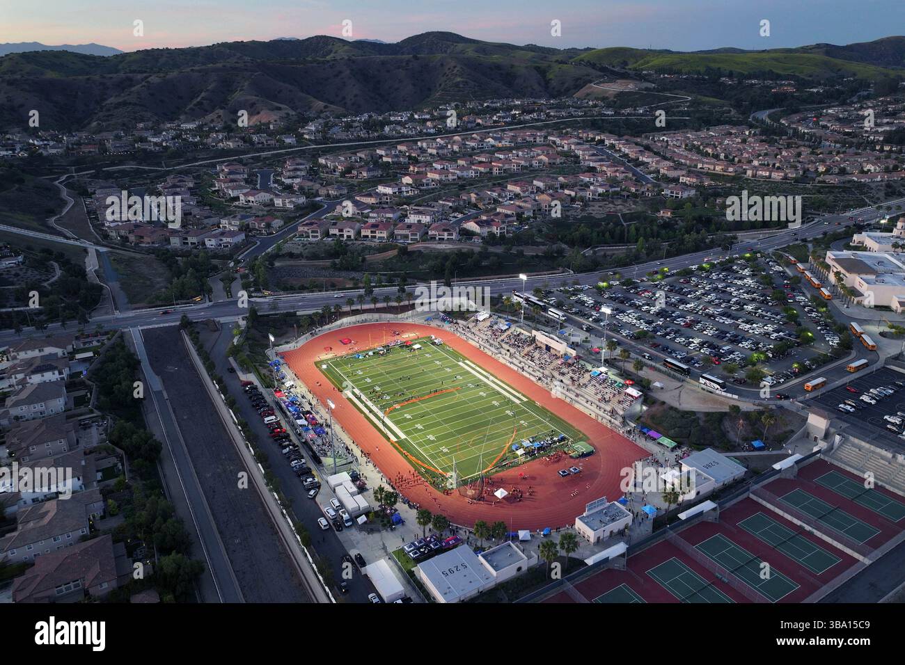 A general overall aerial view of the track and football field at Nathan ...