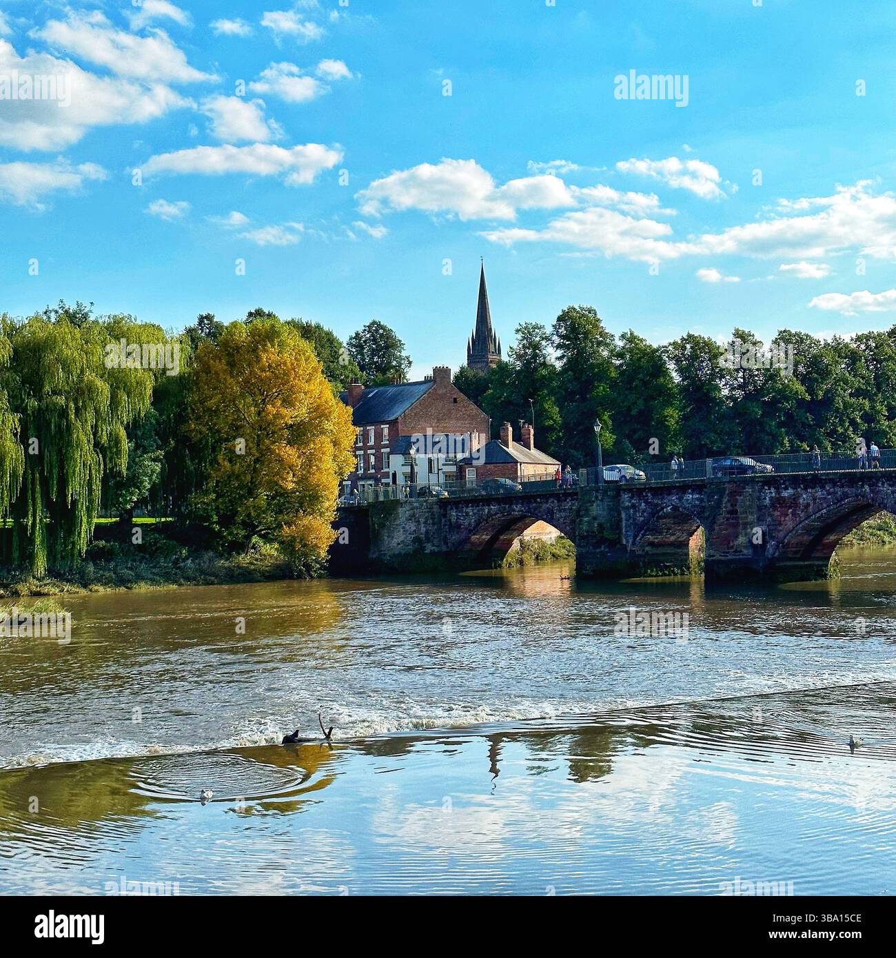 View across the River Dee in Chester towards Handbridge, with weir ...