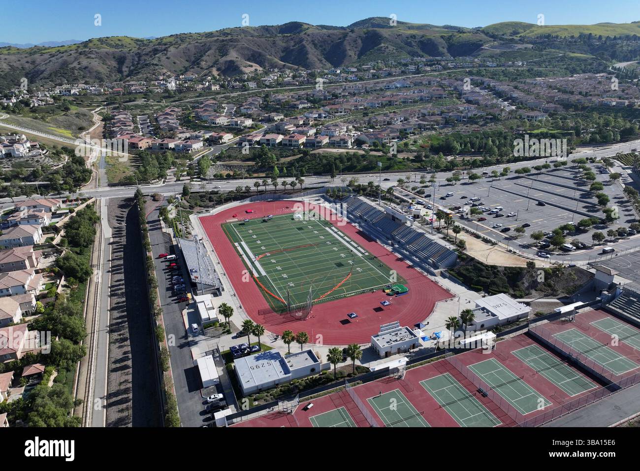 A general overall aerial view of the track and football field at Nathan ...