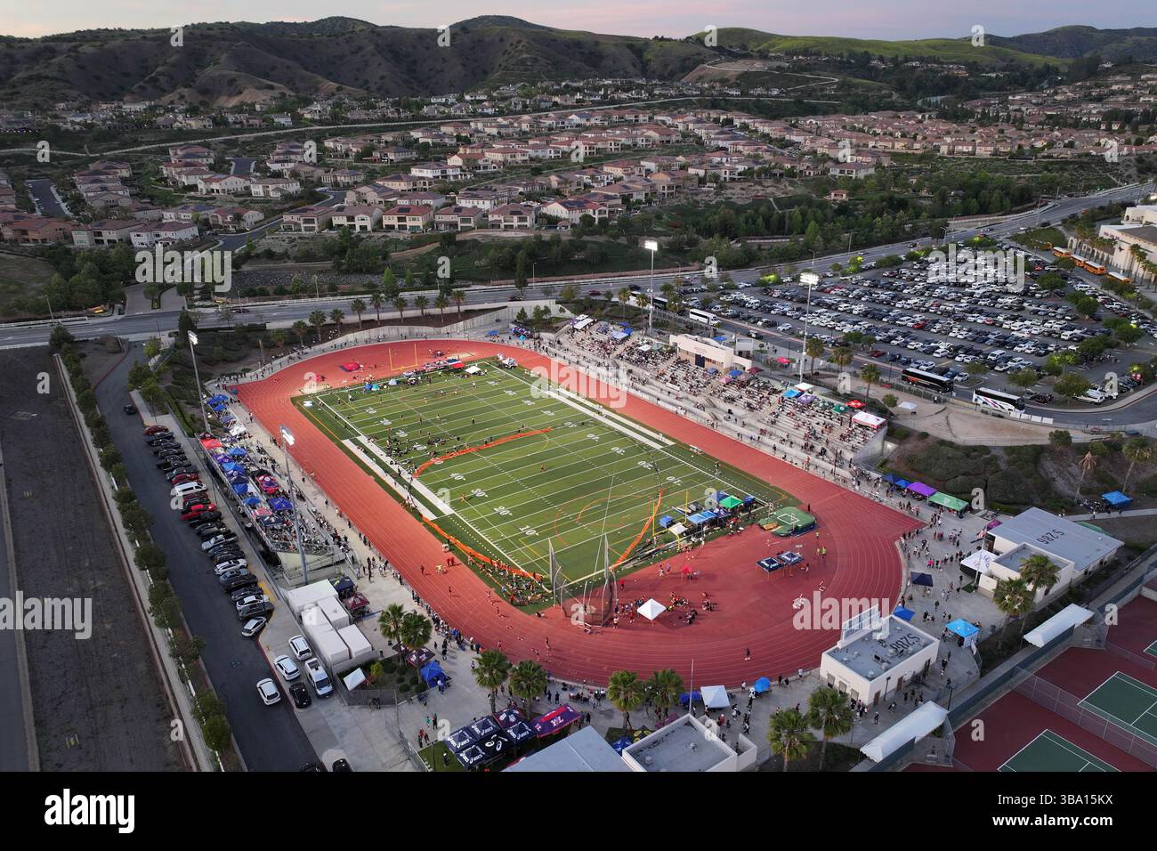 A general overall aerial view of the track and football field at Nathan ...