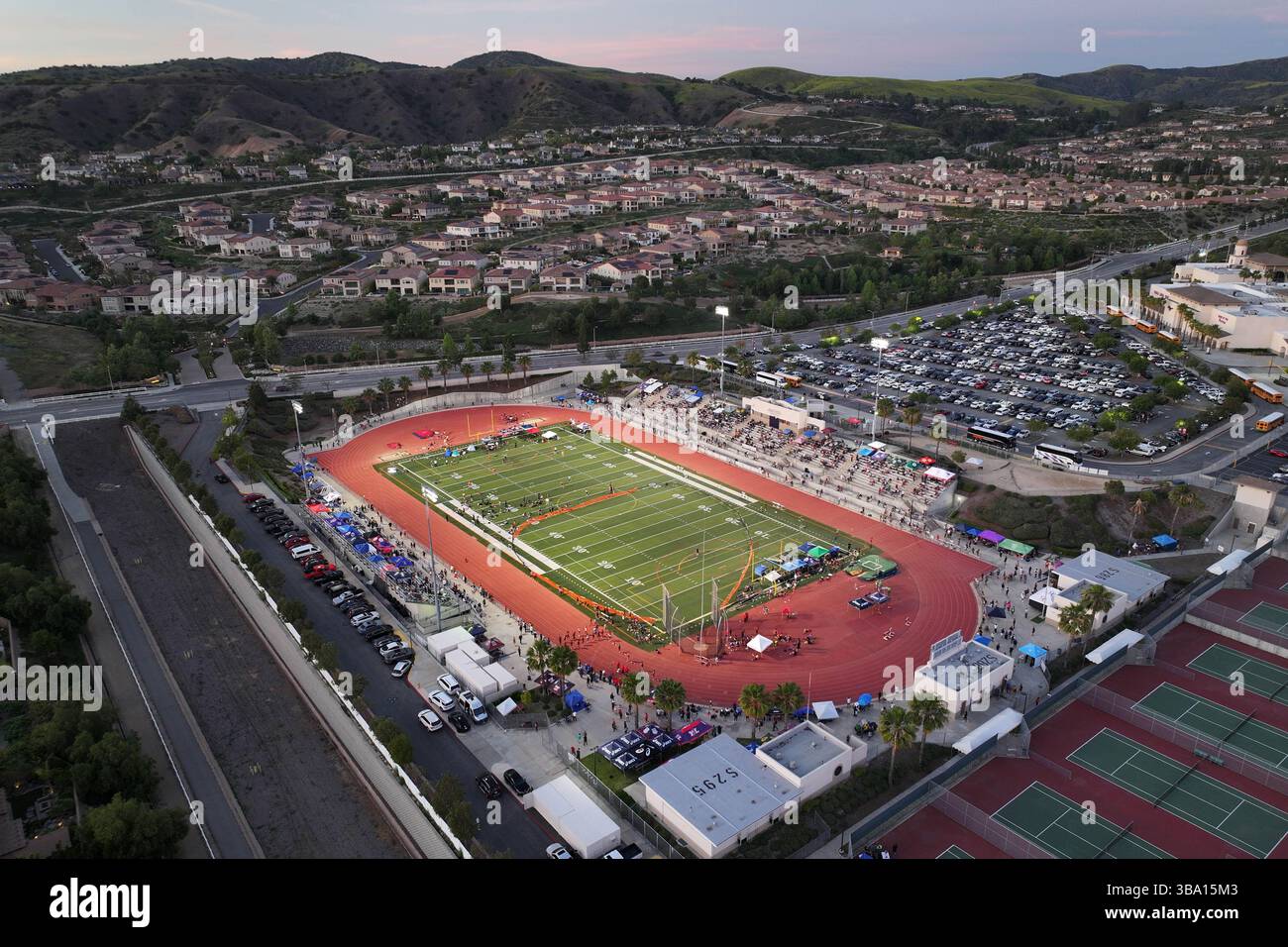 A general overall aerial view of the track and football field at Nathan ...