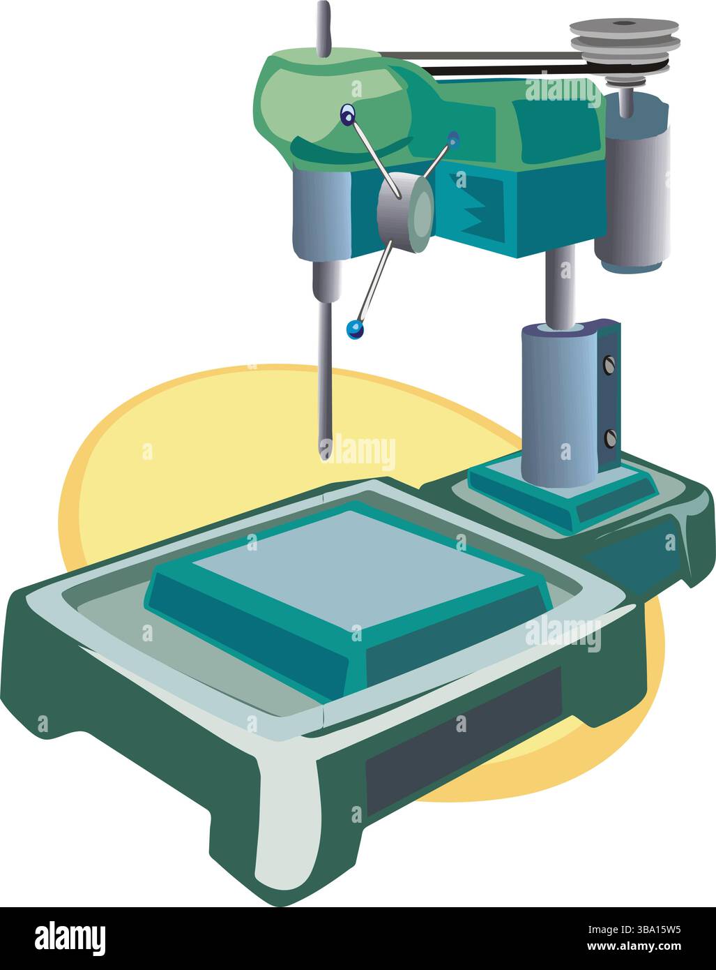 A colorful illustration of a green and blue drill press with a silver ...