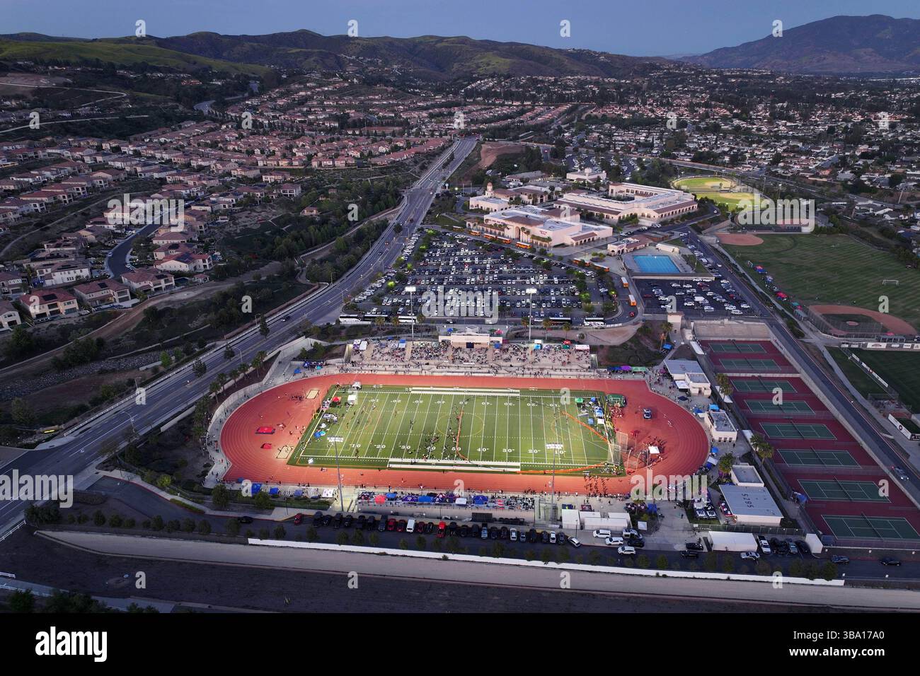 A general overall aerial view of the track and football field at Nathan ...