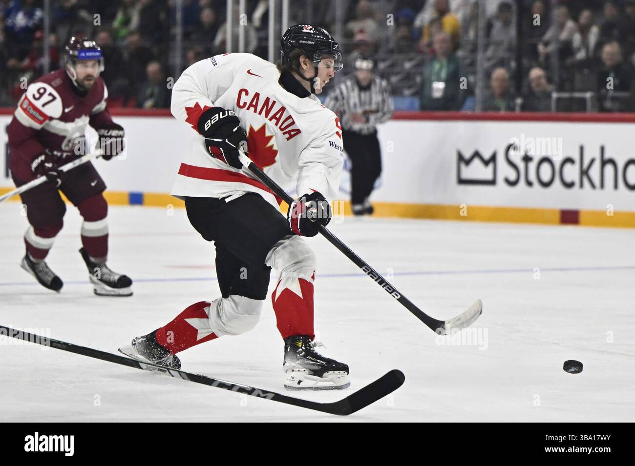 Canada's Kent Johnson scores his side's fourth goal during the IIHF Ice ...
