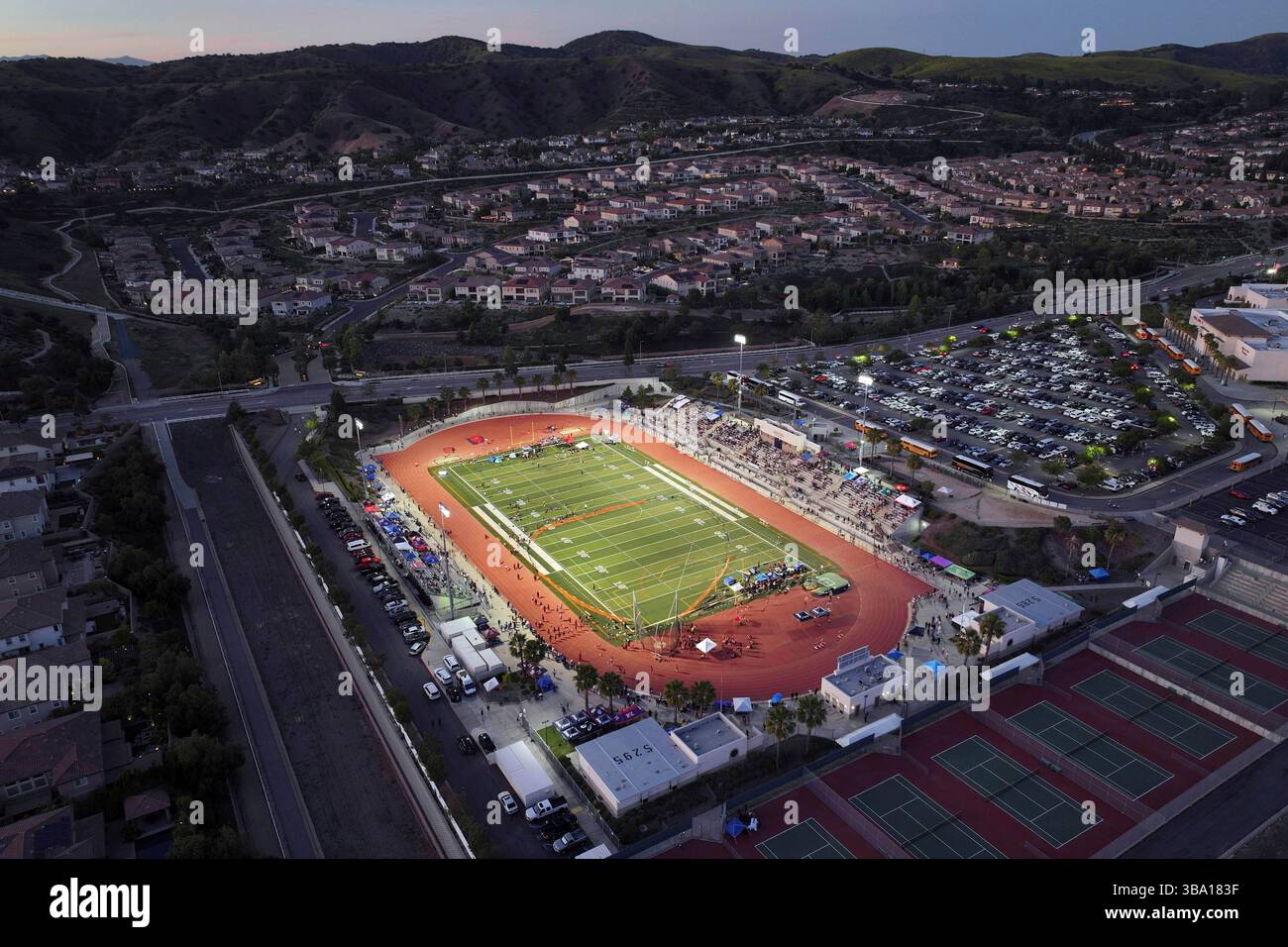 A general overall aerial view of the track and football field at Nathan ...