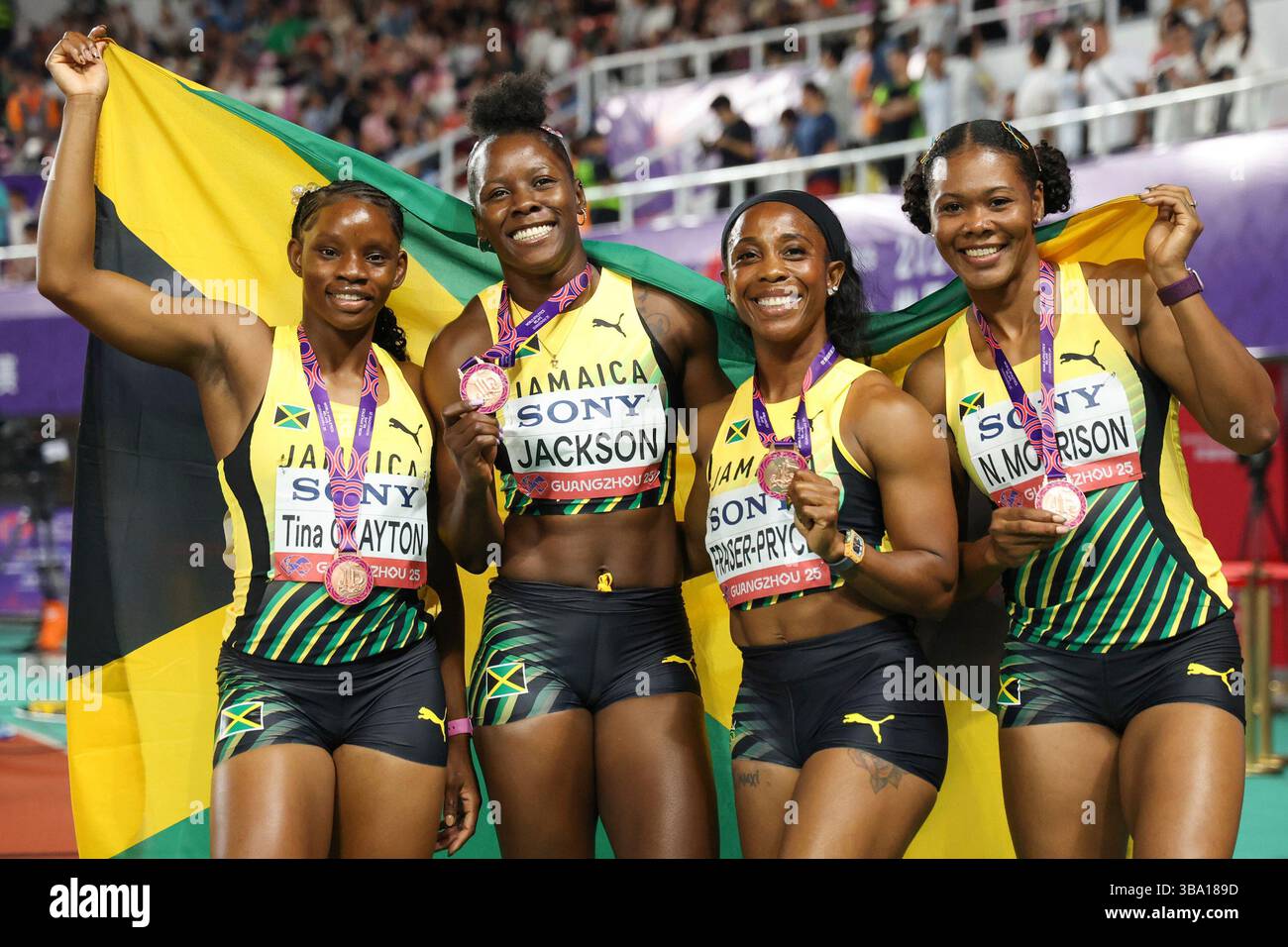 Jamaican sprinters from left, Tina Clayton, Shericka Jackson, Shelly ...