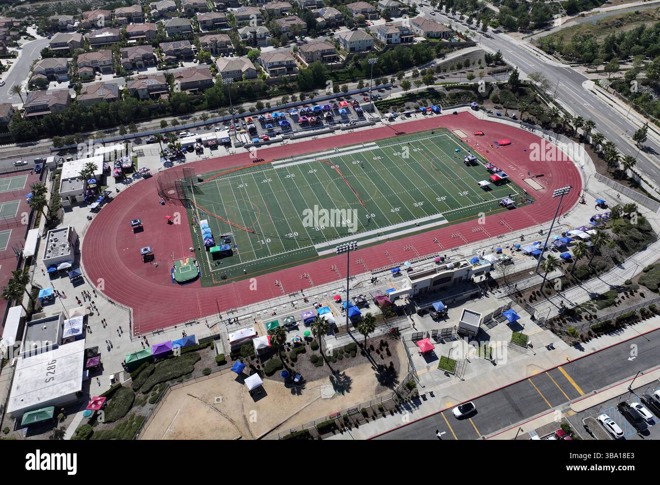 A general overall aerial view of the track and football field at Nathan ...
