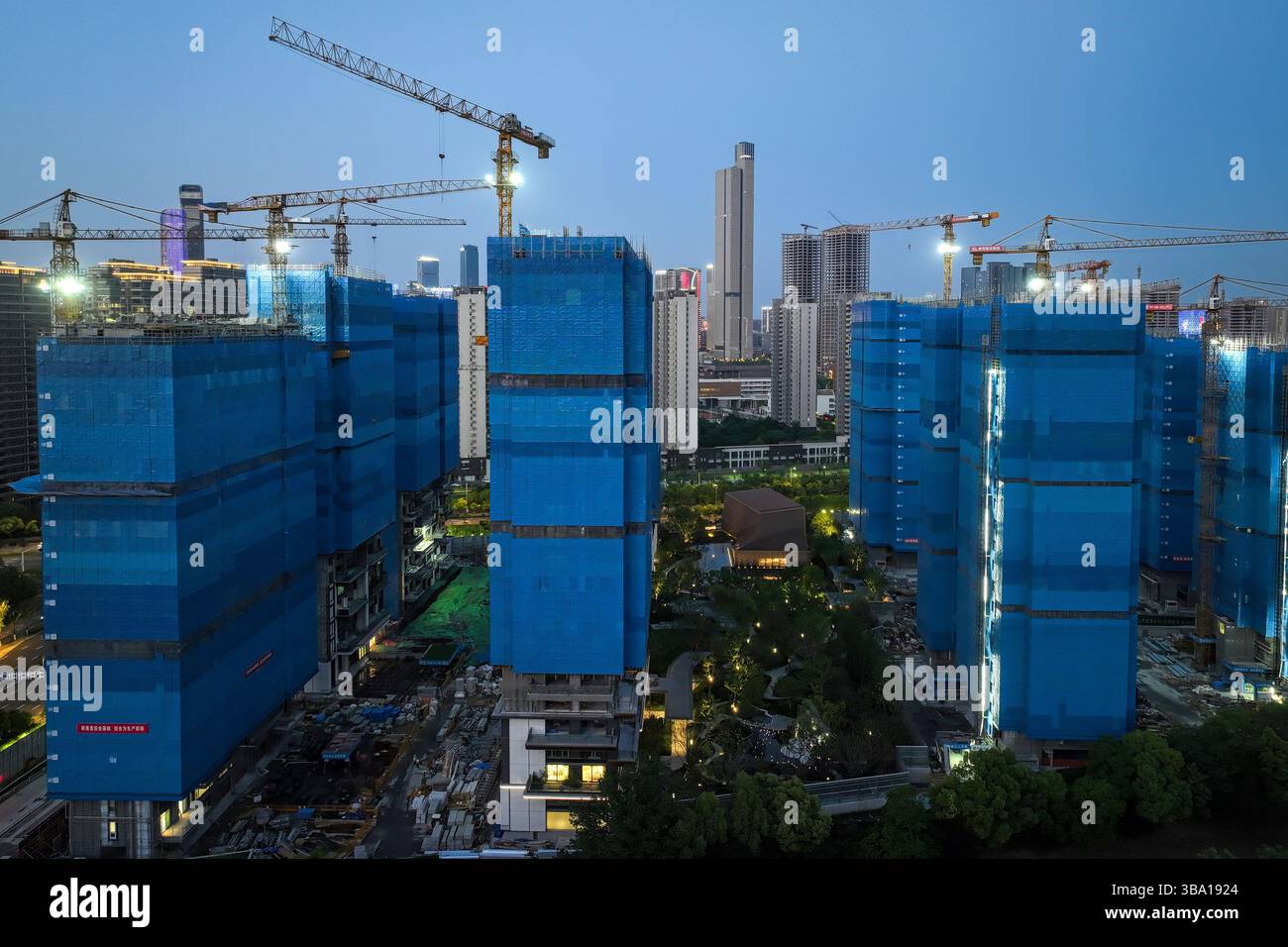 A night view of a residential project under construction in Nanjing ...