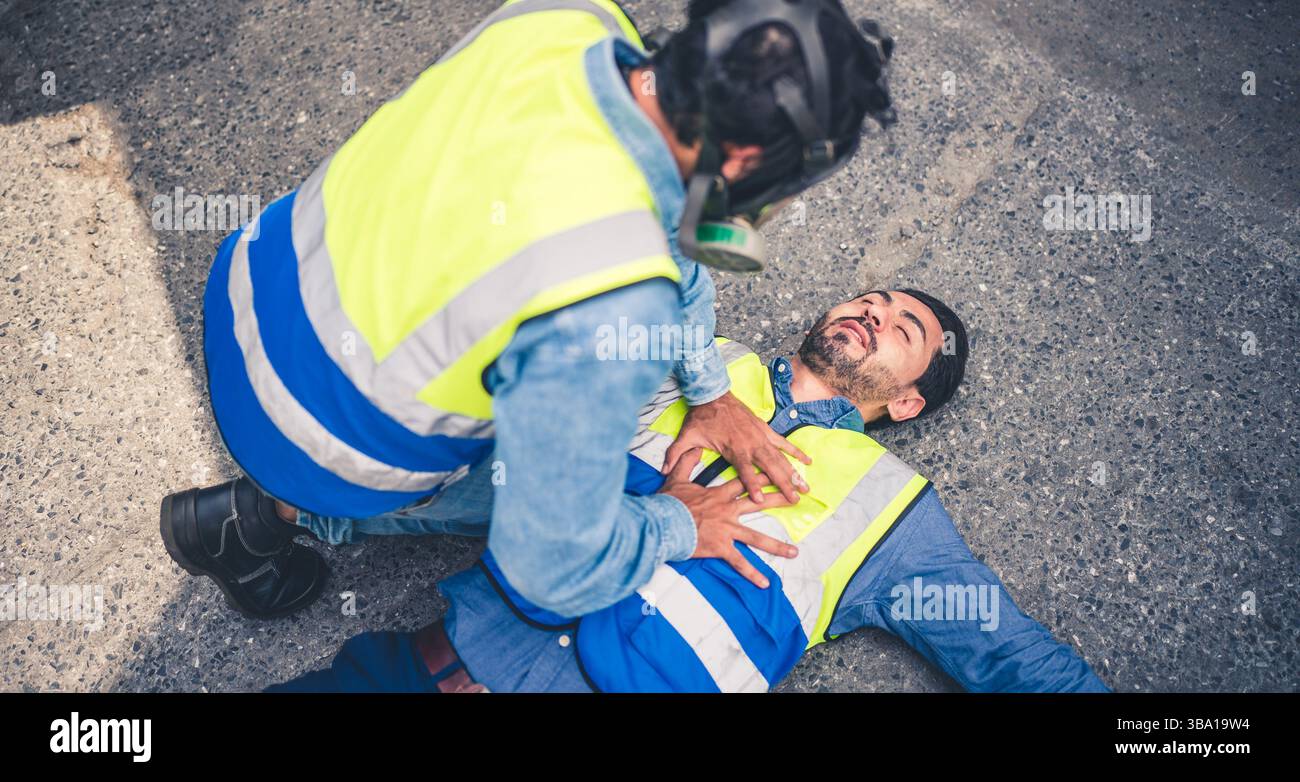 Engineer wear PPE urgently assisted the male technique inside container ...