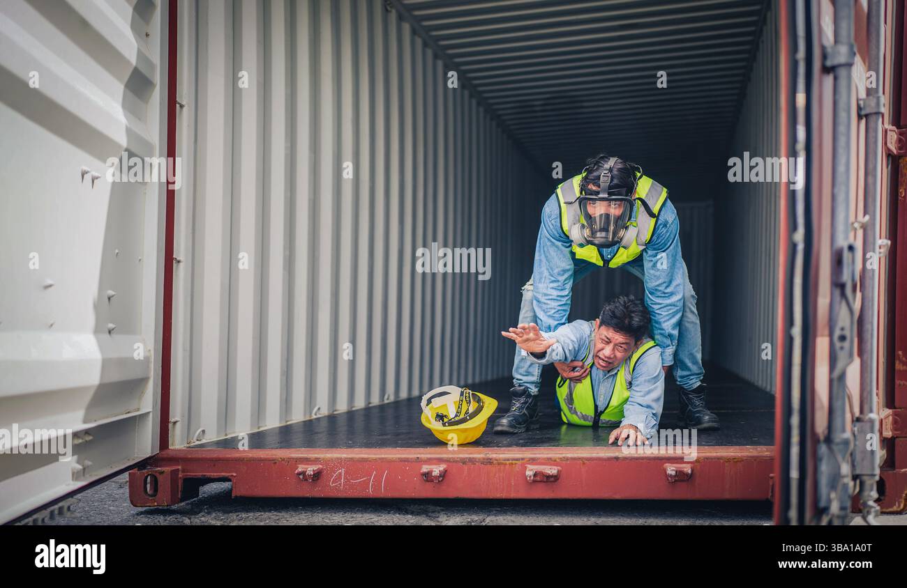 Engineer wear PPE urgently assisted the male technique inside container ...