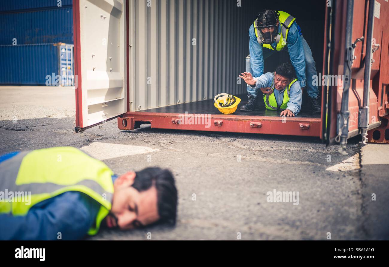 Engineer wear PPE urgently assisted the male technique inside container ...